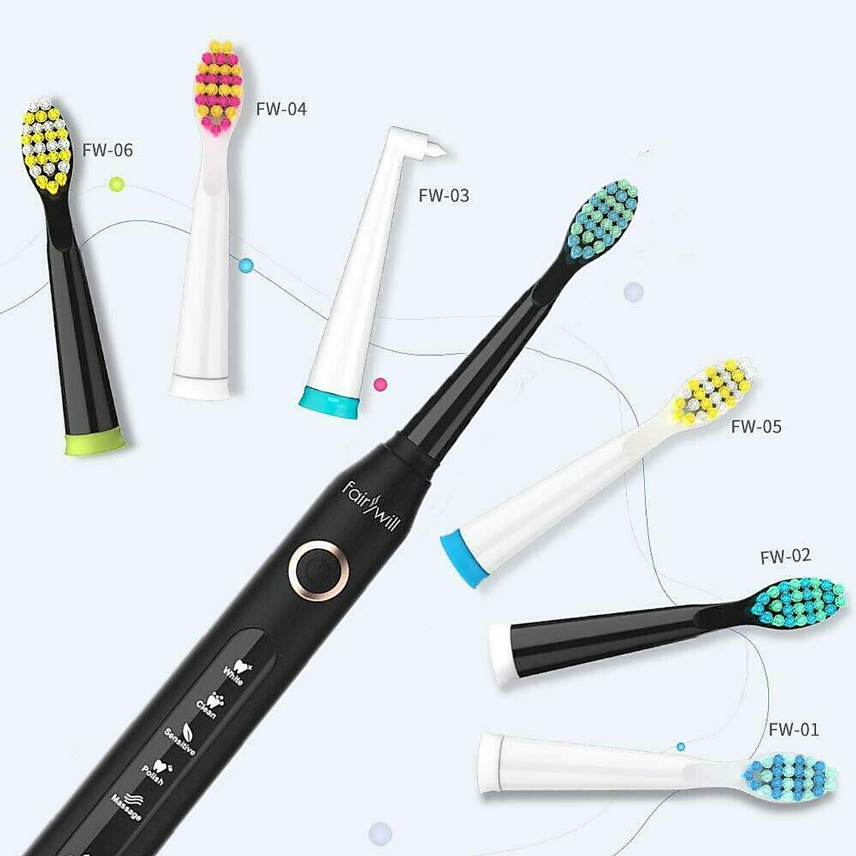 GSParts 8 pcs Replacement Hard Bristle Brush Heads For Fairywill Electric Toothbrush Black