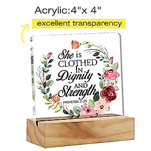Bible Verse She is Clothed in Dignity and Strength Desk Decor Acrylic Desk Sign Inspirational Scripture Christian Acrylic Plaque Home Office Desk Shelf Decoration 4.7"x4.7"