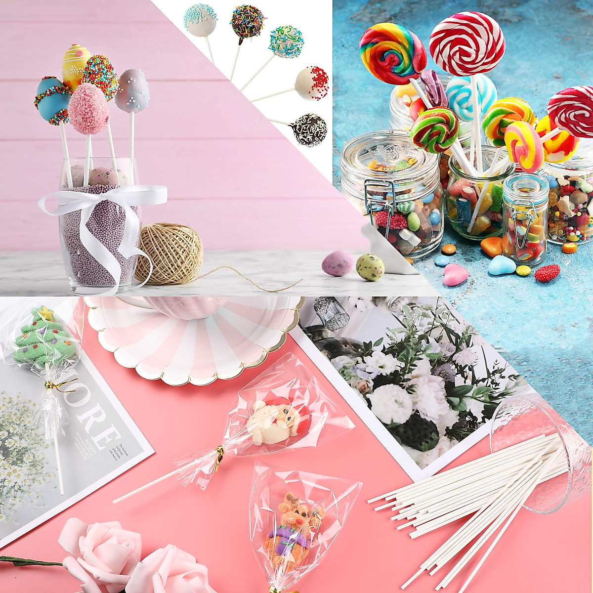 300Pcs 6 Inches Cake Pops Making Tools 100Pcs Cake Pop Sticks 100Pcs Cake Pop Bags and 100Pcs Twist Ties (Thin stick)