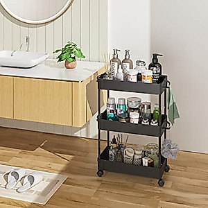 Boeeoan 3 Tier Rolling Utility Storage Cart, Mobile Shelving Organizer with Hooks for Kitchen Bathroom Laundry Room Living Room, Black