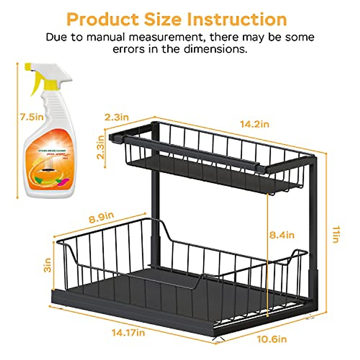 Suppino Under Sink Organizer, 2-Tier Metal Put Out Under Kitchen Sink Organizers and Storage, Sliding Shelf Cabinet Organizer for Kitchen, Bathroom, Desk, etc