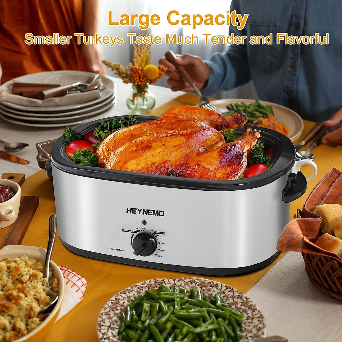 26 Quart Electric Roaster Oven with Visible & Self-Basting Lid, Large Turkey Defrost Warm Function, Adjustable Temperature, Removable Pan Rack, Stainless Steel, Silver