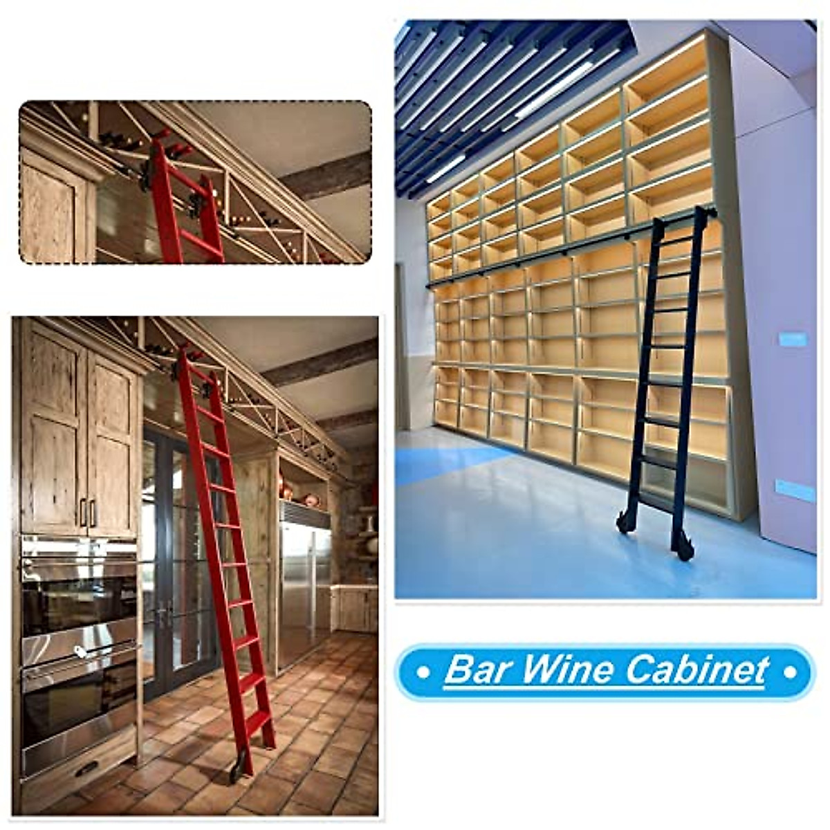 Sliding Barn Door Rail Rolling Library Ladder Hardware Kit, Round Tube Library Ladder Closet Set Carbon Steel Rolling Full Set Track Kit (No Ladder) - Black (Size : 6.6ft/200cm Track Kit)