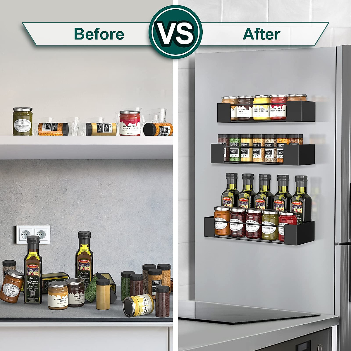 Johamoo 3 Pack Magnetic Spice Rack Organizer, Magnetic Shelf for Refrigerator, Space Saving Seasoning Organizer for Refrigerator and Microwave Oven, Metal Black