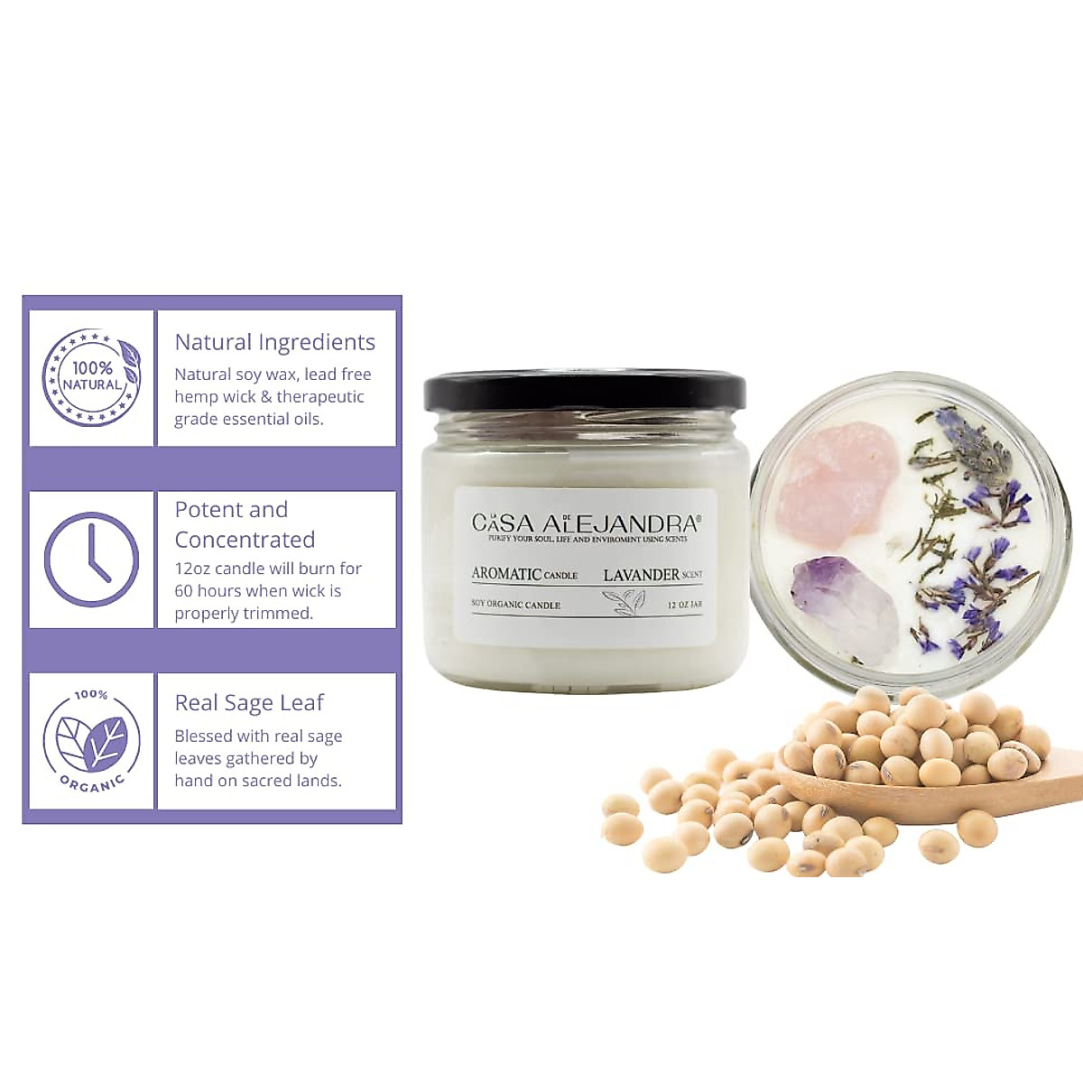 Lavander Aromatherapy Candle with Amethyst and Rose Quartz + Soy Wax + Scented Oil + Cinnamon Decoration + Quartz + Healing Crystal +12 oz. La CASA de ALEJANDRA