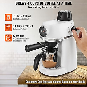VEVOR Espresso Machine, 3.5 Bar Espresso Maker with Milk Frother Steam Wand, 4-Cup Professional Coffee/Espresso Machine with Temp Gauge for Latte Cappuccino, NTC Control System