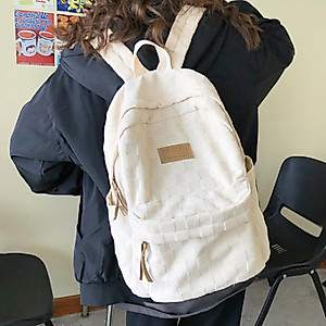 MININAI Aesthetic Checkered Backpack Light Academia Plaid Backpack Cute Preppy Backpack Fit 15.6 Inch Laptop Light Rucksack (Beige,One Size)