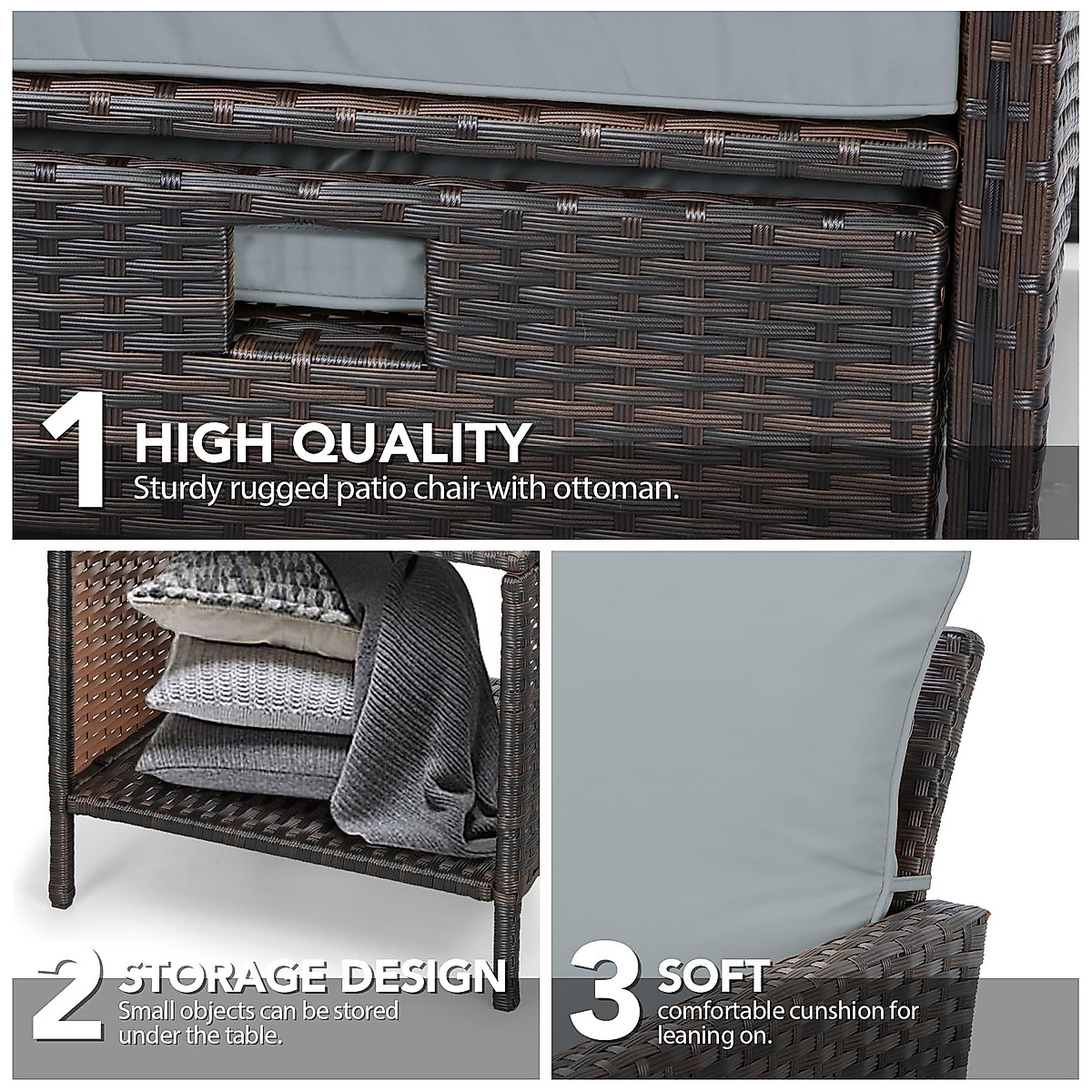 LEVELEVE Balcony Furniture 5 Piece Patio Conversation Set, PE Wicker Rattan Outdoor Lounge Chairs with Soft Cushions 2 Ottoman&Glass Table for Porch, Lawn-Brown Wicker