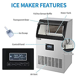 ROVSUN 200lbs/24h Commercial Ice Maker, Freestanding Ice Machine with LED Control Panel & Storage Bin, Perfect for Restaurant Bar Cafe Home Office, Includes Scoop & Connection Hose