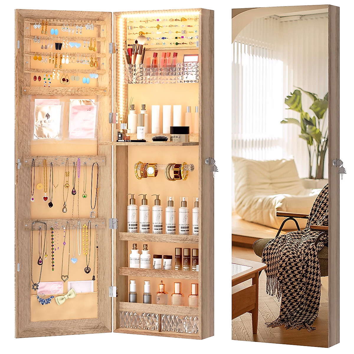 LVSOMT LED Jewelry Mirror Cabinet 47.2", Wall/Door Jewelry Armoire Organizer, Full-Length Mirror with Jewelry Storage, Over The Door Hanging Mirror, 2 Drawers, Lockable, Wood