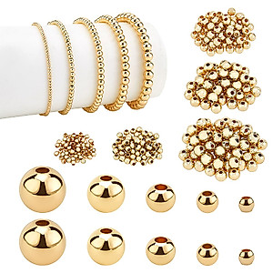 PH PandaHall 14K Gold Spacer Beads, 300pcs Round Brass Beads 5 Size Metal Smooth Beads Seamless Ball Beads Long-Lasting Little Beads for Summer Bracelet Necklace Jewelry DIY Crafts(2/3/4/5/6mm)