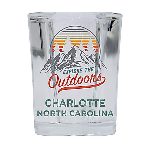 R and R Imports Charlotte North Carolina Explore the Outdoors Souvenir 2 Ounce Square Base Liquor Shot Glass