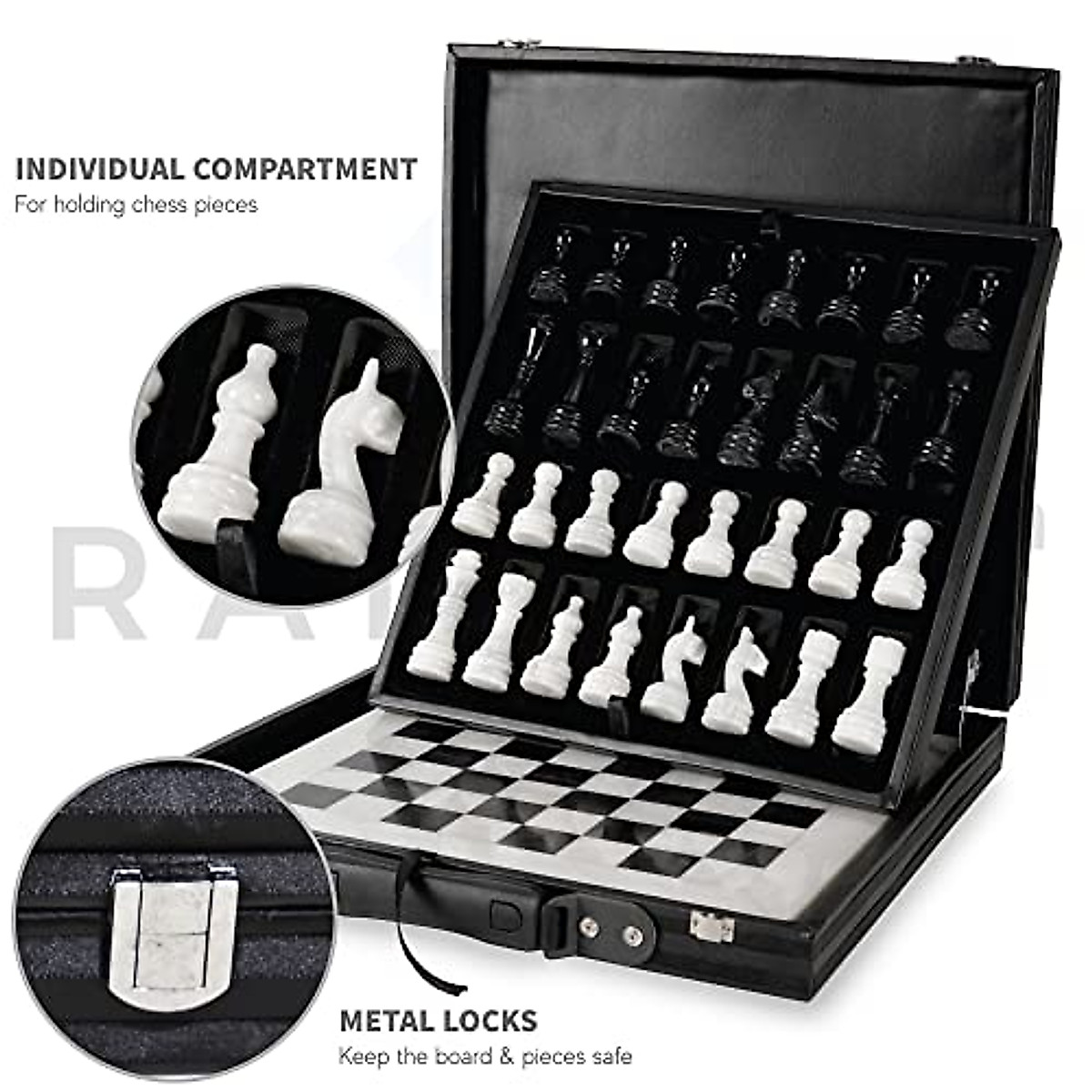 RADICALn 15 Inches Handmade White and Black Weighted Full Chess Game Set with Storage Box - Staunton and Ambassador Style Marble Tournament Chess Sets for Adults
