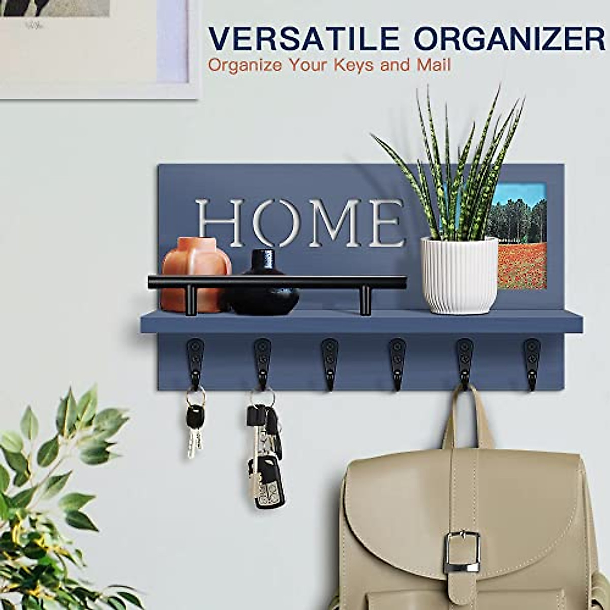 B BEAUTYBABY Key Holder for Wall Mail Organizer Wall Mount with Photo Frame 6 Key Hooks Decorative Farmhouse Hanging Key Rack Home Decor for Entryway or Mudroom