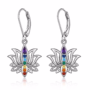 Chakra Earrings Lotus Flower 7 chakra Stones Leverback Earrings for Women Dangle Yoga Lotus Jewelry Balance Meditation