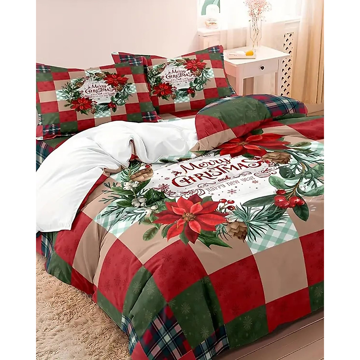 ZIRANSHU Christmas Duvet Cover King Size, Christmas Floral Wreath Comforter Cover Holiday Decoration Christmas Theme Bedding Set with Zipper Closure Printed Quilt Cover (1 Duvet Cover + 2 Pillowcase)