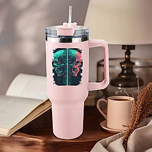 LB LEOBON 40 ounce insulated cup with handle, double-layer vacuum stainless steel material, equipped with straw, can keep warm or maintain cold drinks Neone Poppe Skeletons 2 Light pink