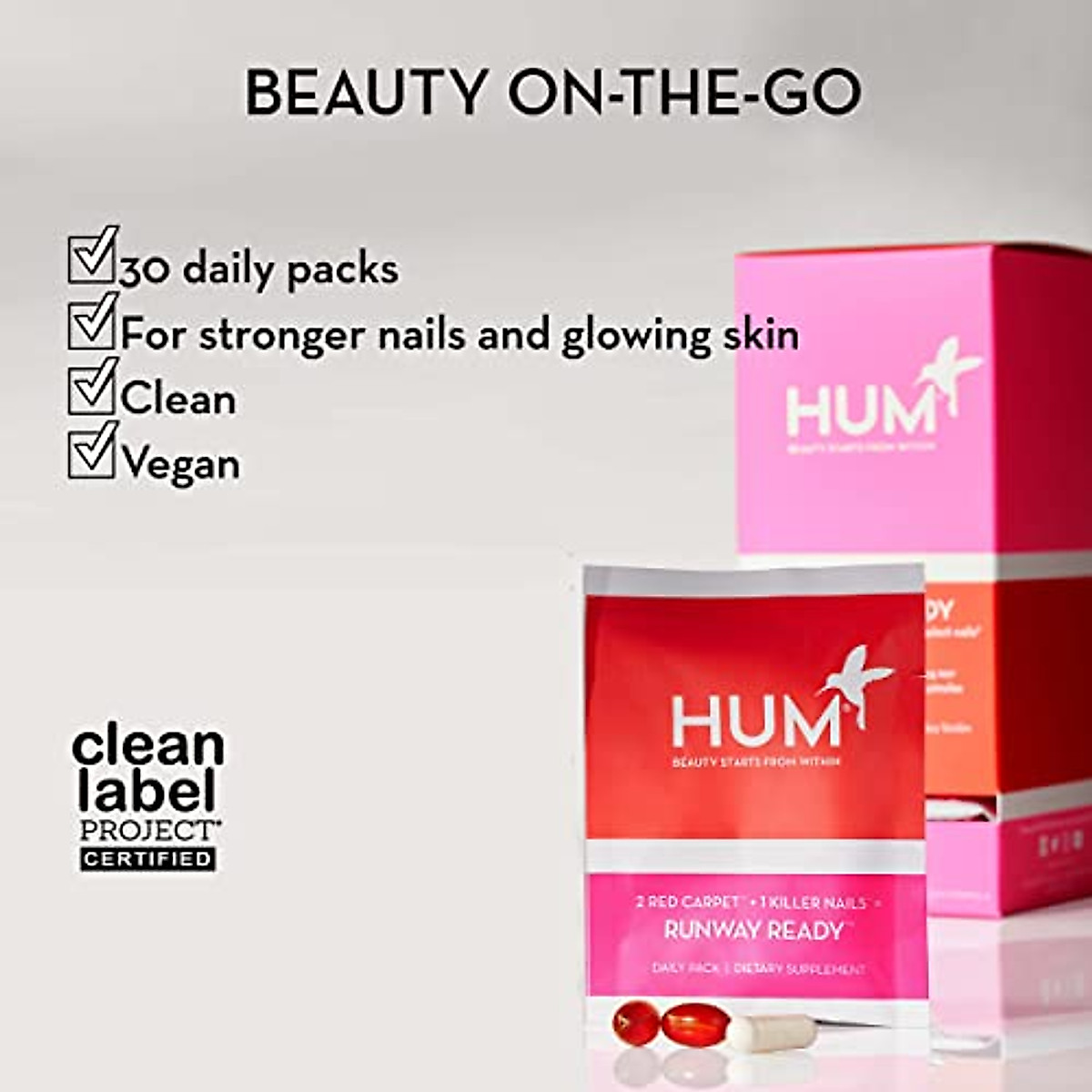 HUM Runway Ready Set - Support for Strong Hair, Skin and Nails - Vitamin Pack Blend of Vegan Biotin, Black Currant Seed Oil & Sunflower Seed Oil - Healthy Hair, Nails & Skin Vitamins (30 Day Supply)