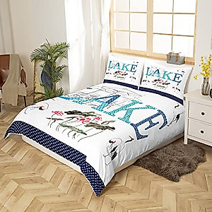 Castle Fairy Lake Life Bedding Set Queen Size,Lotus Flowers Red-Crowned Crane Birds Duvet Cover Set for Children Adult,Chinese Style Painting Soft Comforter Cover for Dorm Room, Zipper, Ties