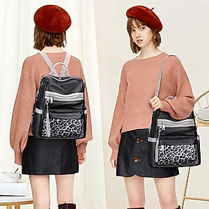 ALTOSY Genuine Leather Backpack Purse for Women Convertible Shoulder bag Soft Crossdody Bag Large Elegant Casual Daypacks(S108 Black/Grey/Silver Leopard)