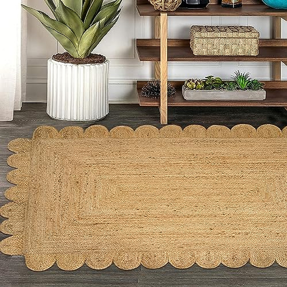 GRUHUM Scalloped Jute Area Rug 4&#039;x6&#039; ft Natural Fibre Rectangular Handwoven Boho Reversible Farmhouse Soft Braided Rustic Vintage Rug Indoor Outdoor Livingroom Bedroom Kitchen Hallways Enterways