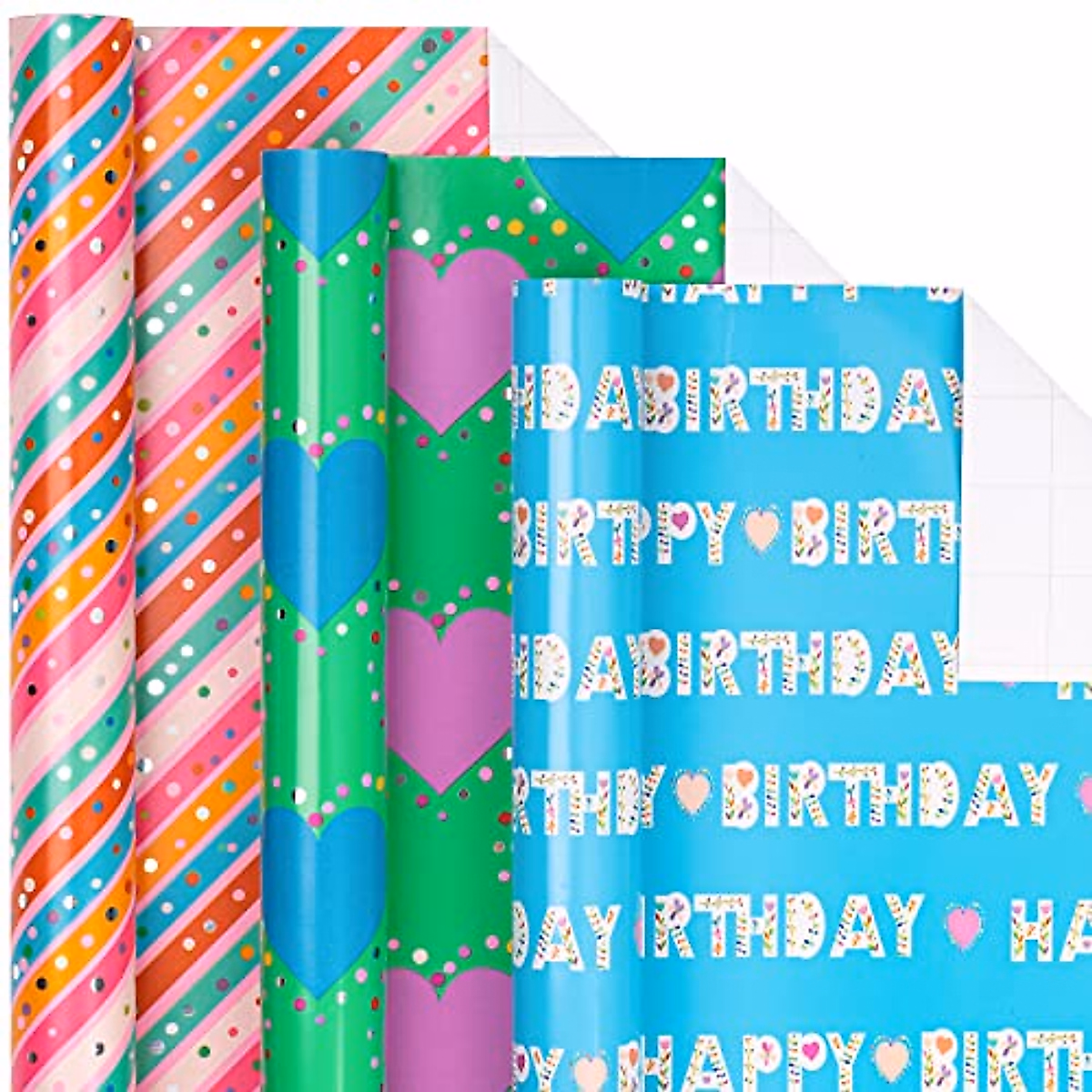 LeZakaa Birthday Wrapping Paper Roll - Mini Roll - Happy Birthday Lettering/Heart/Stripe Design for Boy, Kids Gift Wrapping - 17 x 120 inches, 3 Rolls (42.5 sq.ft.ttl.)