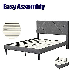 Queen Size Fabric Upholstered Platform Bed Frame with Headboard, Modern Concise Platform Bed with Strong Wood Slats Support/No Box Spring Needed/Easy Assembly for Bedroom Girls Boys, Gray (Queen)