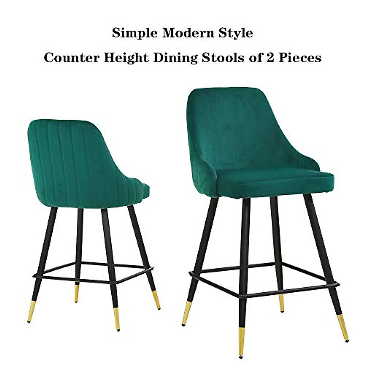 Velvet Counter Stools Set of 2 - Upholstery Barstools Bar Stools Counter Height Stools for Kitchen Island, Modern Bar Chairs Dining Chairs with Back and Arm, Pack of 2 Pieces (Green)
