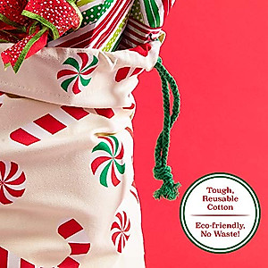Pudgy Pedro's Party Supplies - Christmas Canvas Gift Bags - X-Large 26" x 19" Cream Peppermint Candy Cane - Jumbo Fabric Present Stocking - 1 ct