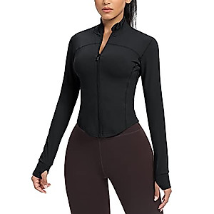 AVGO Women's Cropped Running Workout Jackets Zip Slim Fit Athletic Tops with Thumb Holes(Black, S)