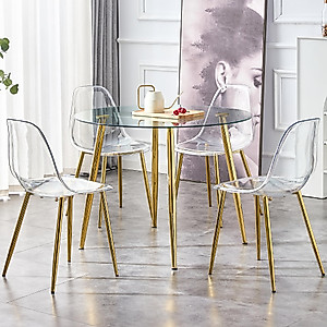 Gold Round Glass Dining Table Set for 4, Modern Kitchen Table and Chairs Set of 4, A Circle Small Round Dining Room Table and Clear Acrylic Chairs juego de comedor de 4 sillas y mesa