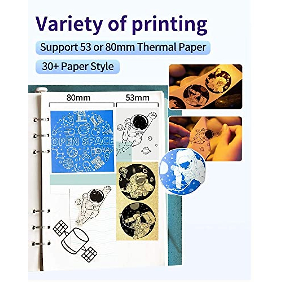 Phomemo M03 Pocket Printer- Portable Printer Photo Printer with 3 Roll 3 Inch Black on White, 77mm x 3.5m, 3 Inch X 11.5 ft, Compatible with iOS + Android for Photos, Journalist, Work, Plan-(Purple)