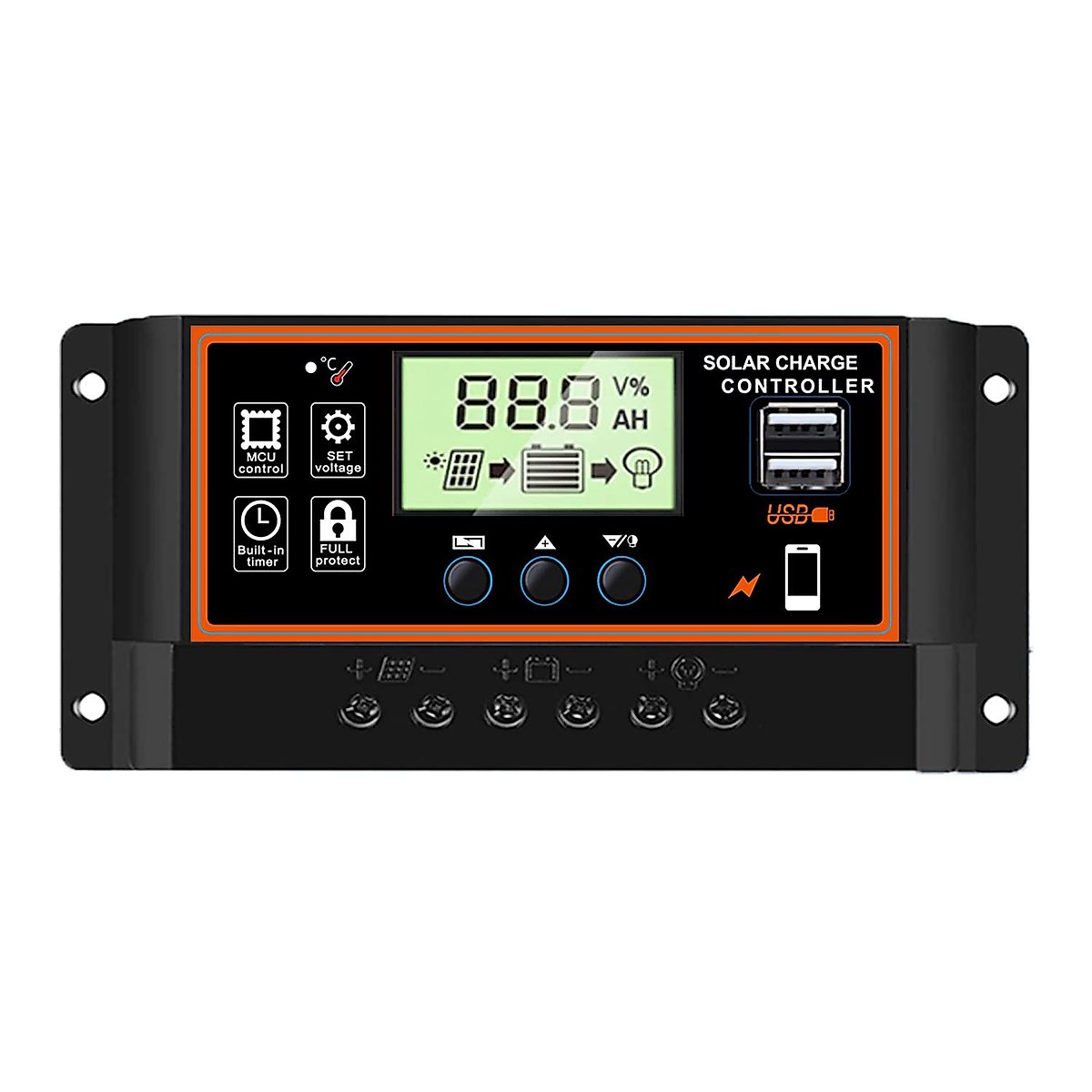 60A Solar Charge Controller,Solar Panel Charge Controller 12V 24V,Adjustable Parameter LCD Display Current / Capacity and Timer Setting ON/Off with 5V Dual USB,Auto Charge Regulator (Black)