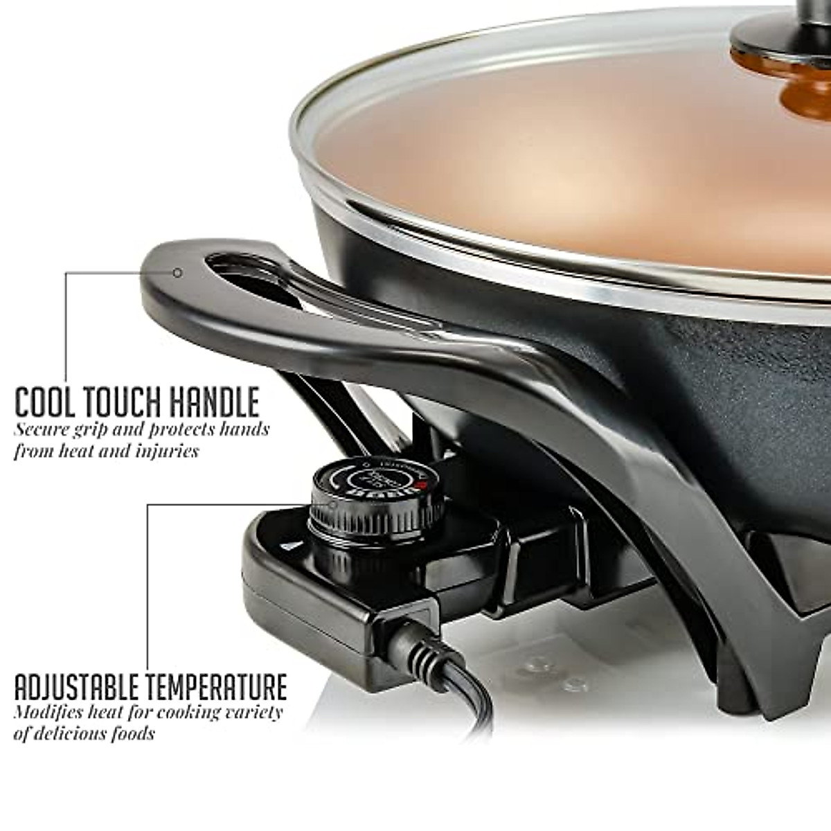 OVENTE Electric Wok with Nonstick Coating, 13 Inch Family-Sized Skillet, 1400W Power, Adjustable Temperature, Tempered Glass Lid, Cool Touch Handles and Easy to Clean Frying Surface, Copper SK3113CO