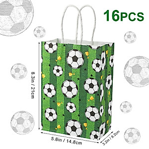 16pcs Soccer Party Favor Paper Bags, Green Football Gift Bag Football Themed Party Bags with Handles Soccer Goodie Bags Treat Candy Bags for Kids Adults Soccer Party Supplies