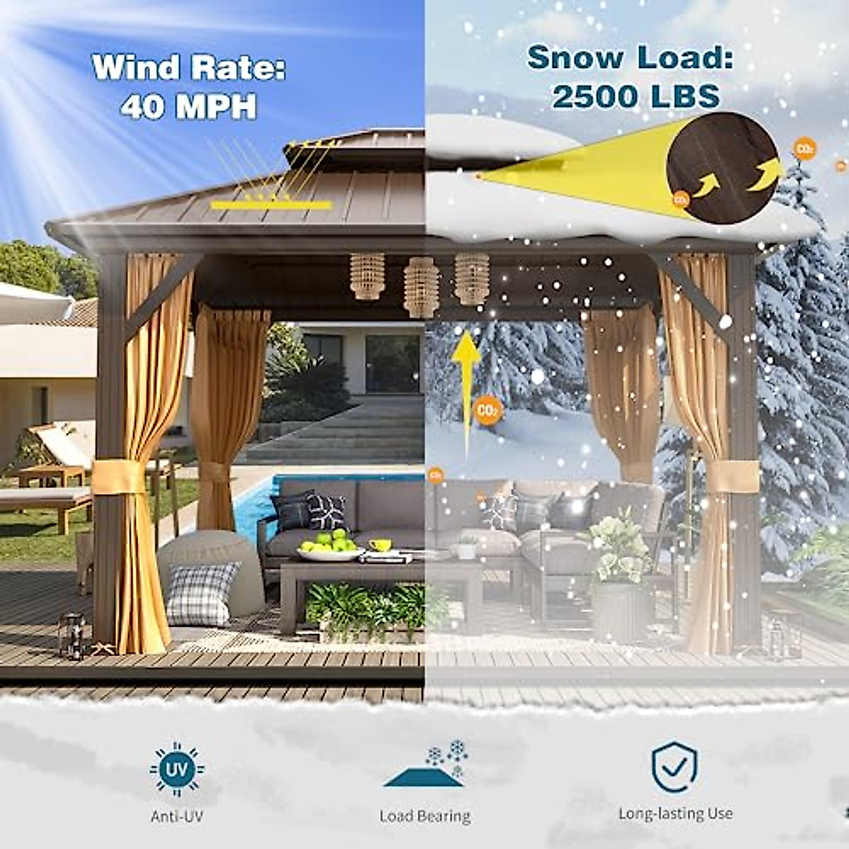 EROMMY 10' x 12' Gazebo, Galvanized Steel Double Roof Hardtop Gazebo with Aluminum Frame, Permanent Outdoor Metal Pavilion with Curtain and Netting for Patio, Lawn and Garden