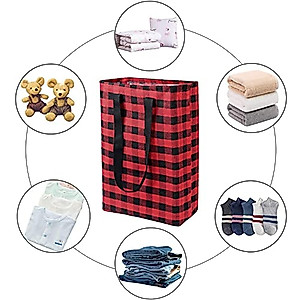 Collapsible Laundry Hamper Basket Freestanding Storage Basket Tall Slim Dirty Clothes Hamper with Detachable Brackets, Red Black Grid, Medium