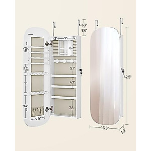 SONGMICS Jewelry Organizer, LED Jewelry Cabinet Wall/Door Mounted, Lockable Rounded Wide Mirror with Storage, Interior Mirror, 3.9 x 16.5 x 42.5 Inches, White Surface with Greige Lining UJJC026W01
