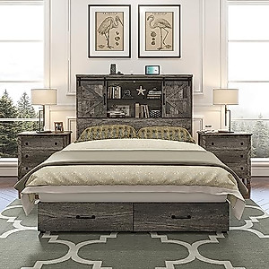 HOWE Queen Size Wood Platform Bed Frame with 51.2" Bookcase Headboard, Storage bed with Sliding Barn Door Charging Station 2 Drawers, No Box Spring Needed/Noise Free/Farmhouse/Rustic Grey