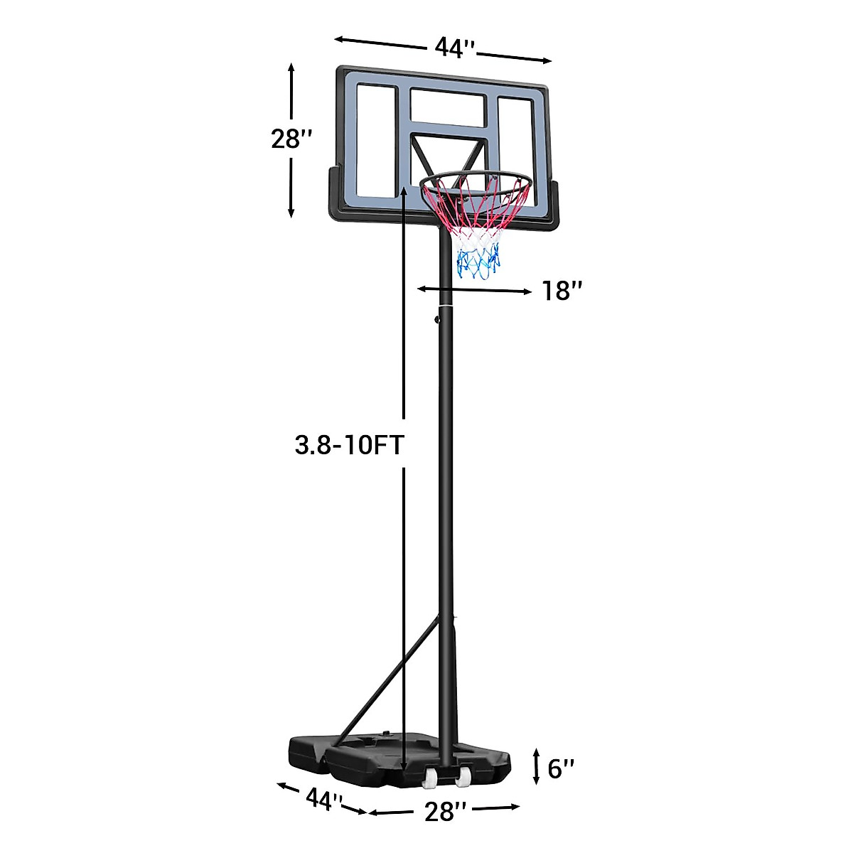 WIN.MAX Basketball Hoop Outdoor 3.8-10ft Adjustable Height, 44inch Backboard, Swimming Pool Basketball Hoop & Goal for Kids/Adults Indoor