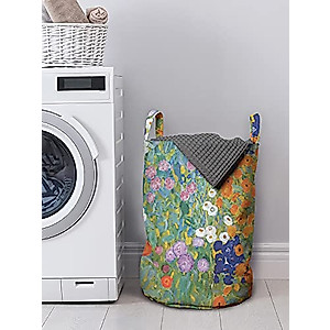 Ambesonne Artwork Laundry Bag, Spring Flowers Garden Bed with Peony Impressionist Style Print, Hamper Basket with Handle Drawstring Closure for Laundromats, 13" x 19", Vermilion Pale Olive