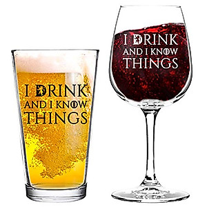 I Drink And I Know Things Beer and Wine Glass Set- Cool Present Idea for Bridal Shower, Wedding, Engagement, Anniversary and Couples - Him, Her, Mr. Mrs. Mom Dad