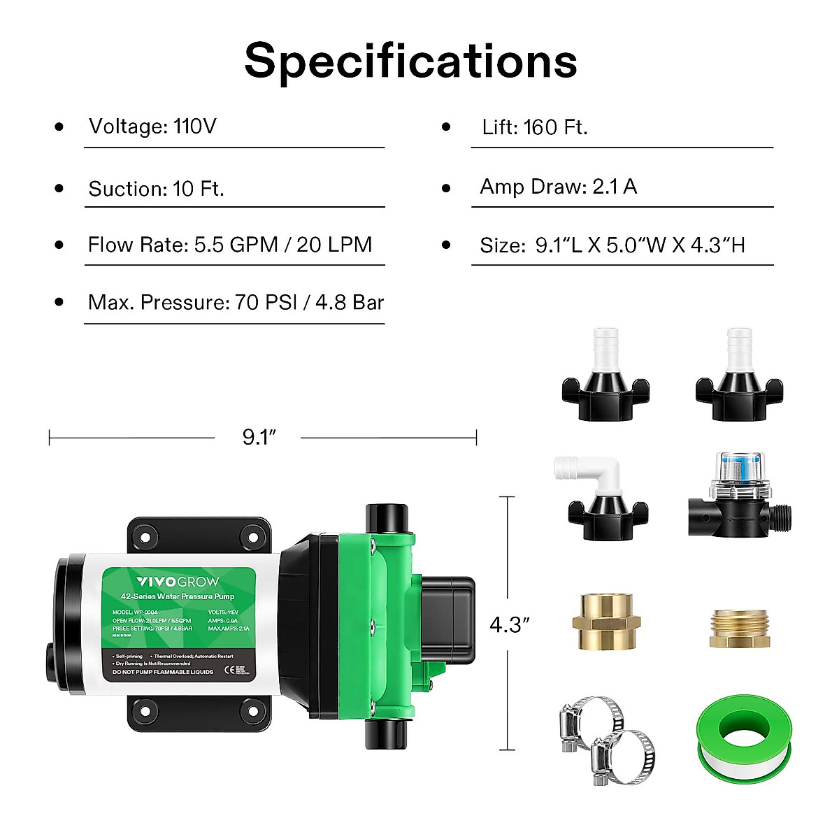 VIVOGROW Water Pressure Pump, 110V 5.5GPM 70 PSI Diaphragm Water Pump Include 1/2" and 3/4" Garden Hose Adapters, Power Plug for Bathrooms, Kitchens, RVs, and Yachts, Green