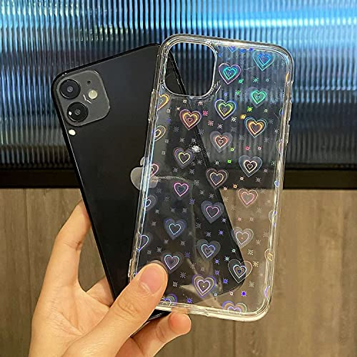 SmoBea Compatible with iPhone 12 Mini Case, for Laser Glitter Bling Heart Soft & Flexible TPU and Hard PC Back Shockproof Cover Women Girls Heart Pattern Phone Case (Rainbow Heart/Clear)