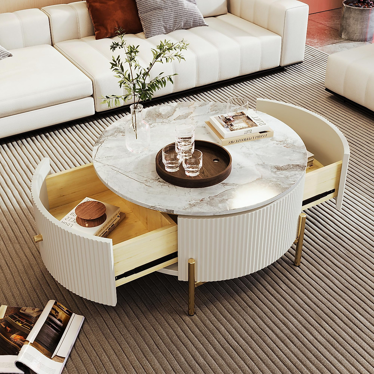 Merax Modern Round Coffee Table Set with 2 Large Drawers Storage Golden Metal Leg Circular Marble Pattern for Living Room Apartment（31.5''）, Off White