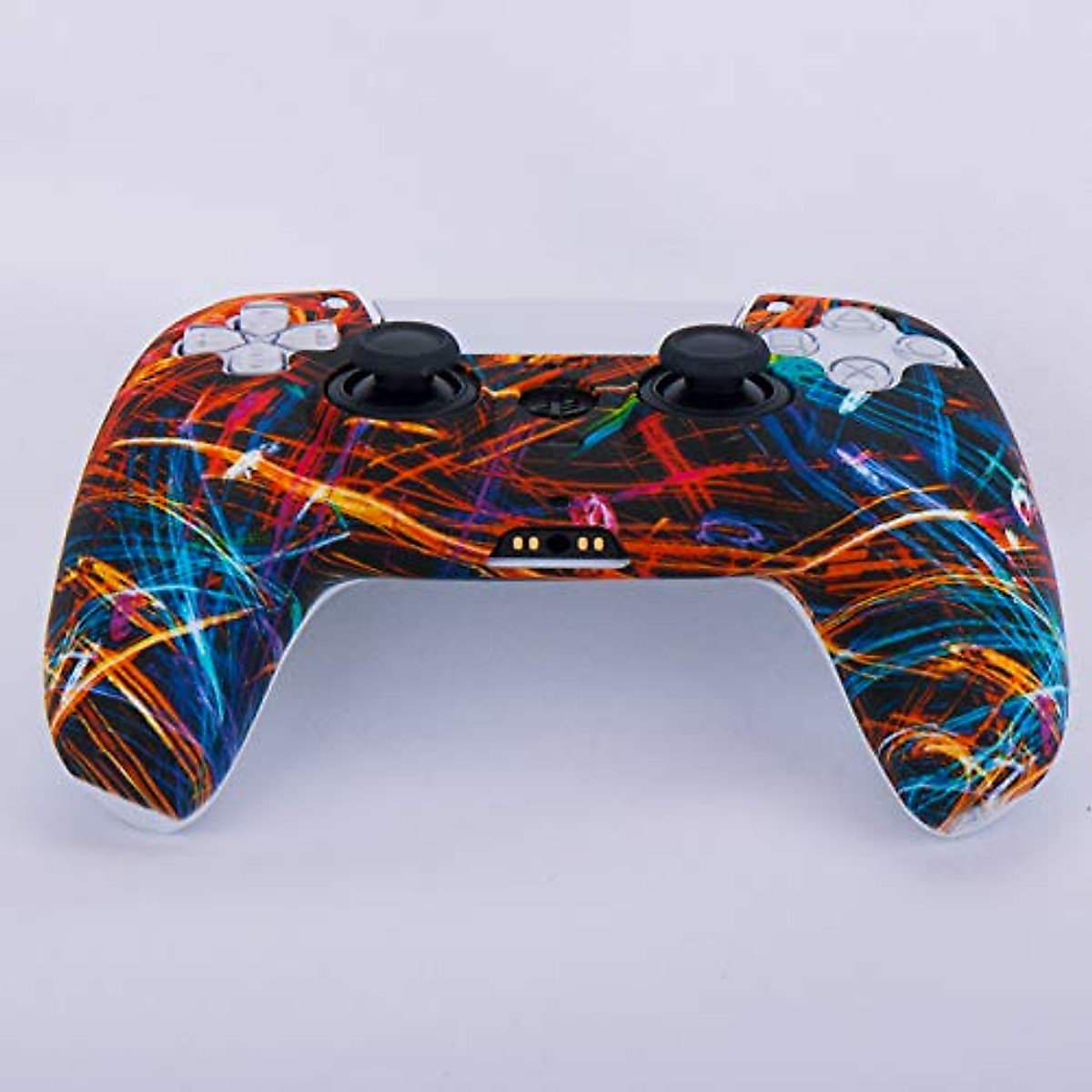 9CDeer 1 Piece of Silicone Transfer Print Protective Thick Cover Skin + 6 Thumb Grips for Playstation 5 / PS5 Controller Black Stream