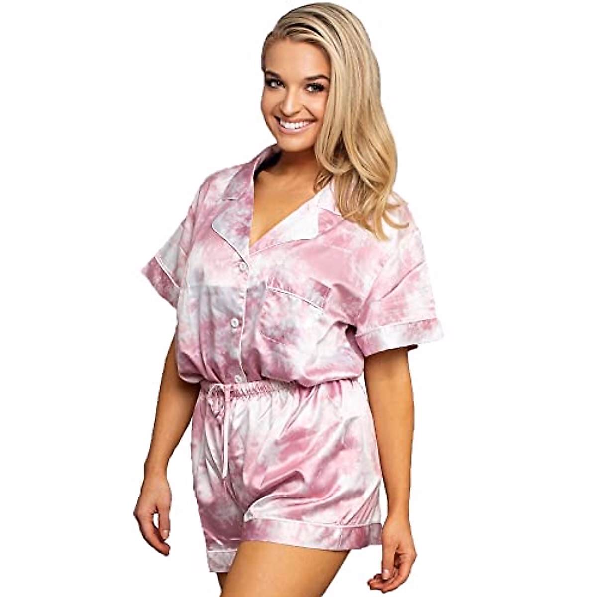 Belle's Design Women’s Tie Dye Short Sleeve Satin Silk Pajama Set Button Down 2 pieces Loungewear Sleepwear (Dusty Pink, XX-Large)