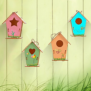 Outus Wooden DIY Craft Doodle Small Bird House Set Include Unfinished Wood Mini Bird House to Paint and Watercolor Paint Pen and 3D Butterfly Wall Sticker Decals for Kids Adults (15 Sets)