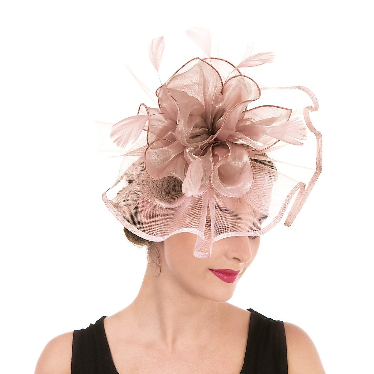 Fascinator Women's Organza Church Kentucky Derby British Bridal Tea Party Wedding Hat Summer Ruffle Hat(Hj2-Pink)