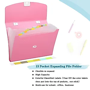 Pink 13 Pocket Expanding File Folder, Accordion File Organizer Letter Size, Document Folder Organizer Expanding File Folder with Handle for School, Office, Home